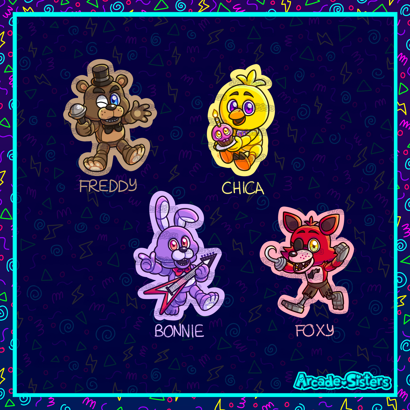 FNAF Stickers & Badges – Arcade Sisters
